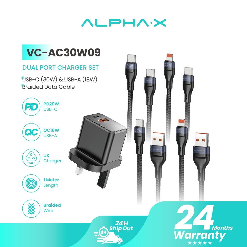 ALPHA·X PD30W Dual Port Fast Charging Charger Adapter USB-C & L Cable ...