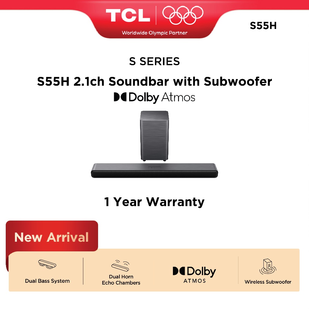 TCL S55H 2.1ch Dolby Atmos Super Bass Soundbar, Dual Bass System ...