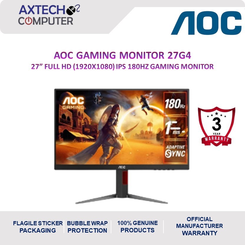 AOC 27G4 27" FHD 180Hz IPS Gaming Monitor ( DisplayPort, HDMI, 3 Yrs ...