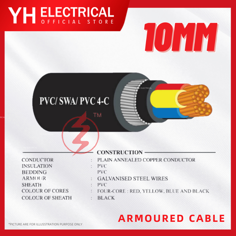 [LOOSE CUT] 10mm² x 2C /3C /4C /5C SWA PVC Armoured Cable / Underground ...