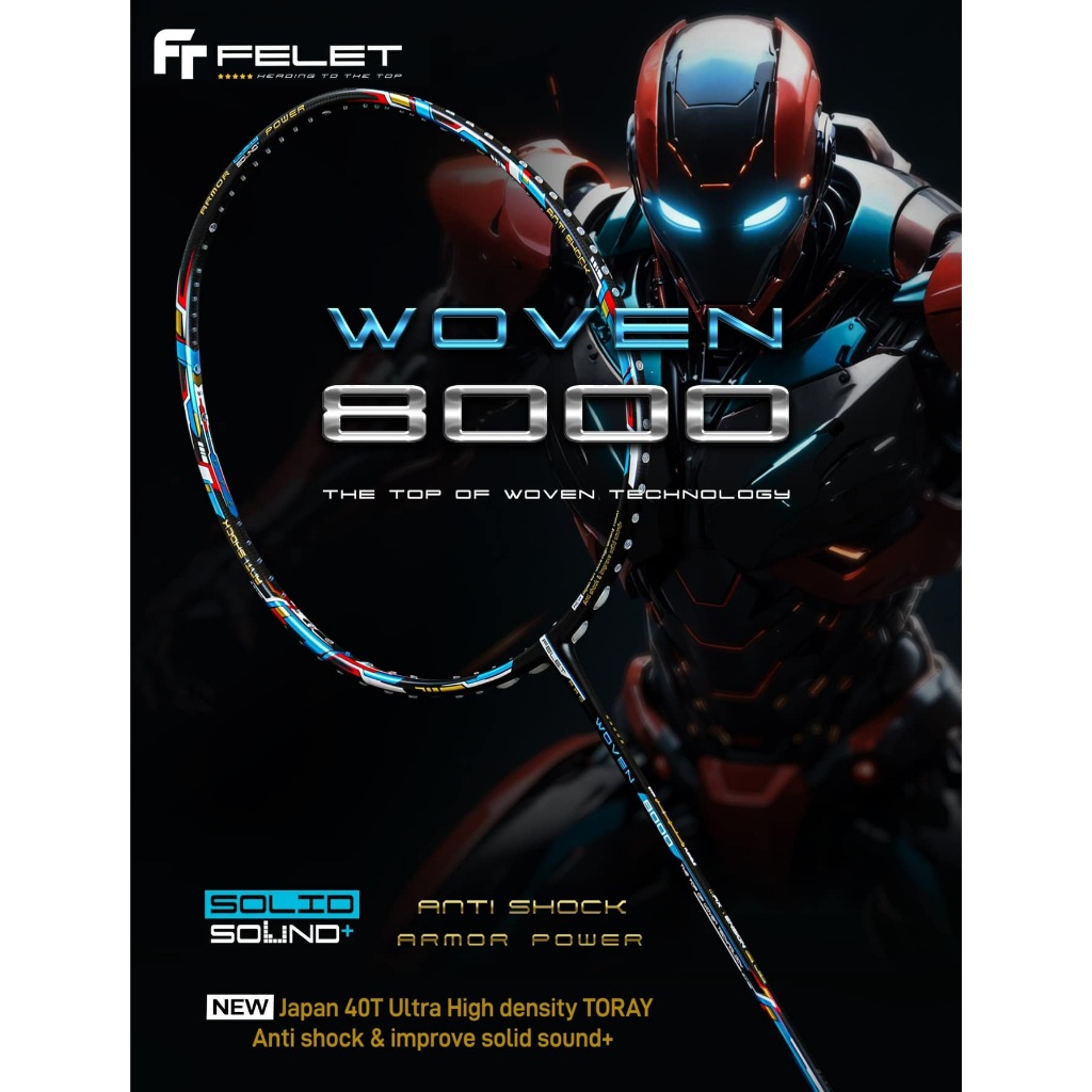 FELET WOVEN 8000 BADMINTON RACQUET: BLACK/BLUE 4U 100% Original by ...