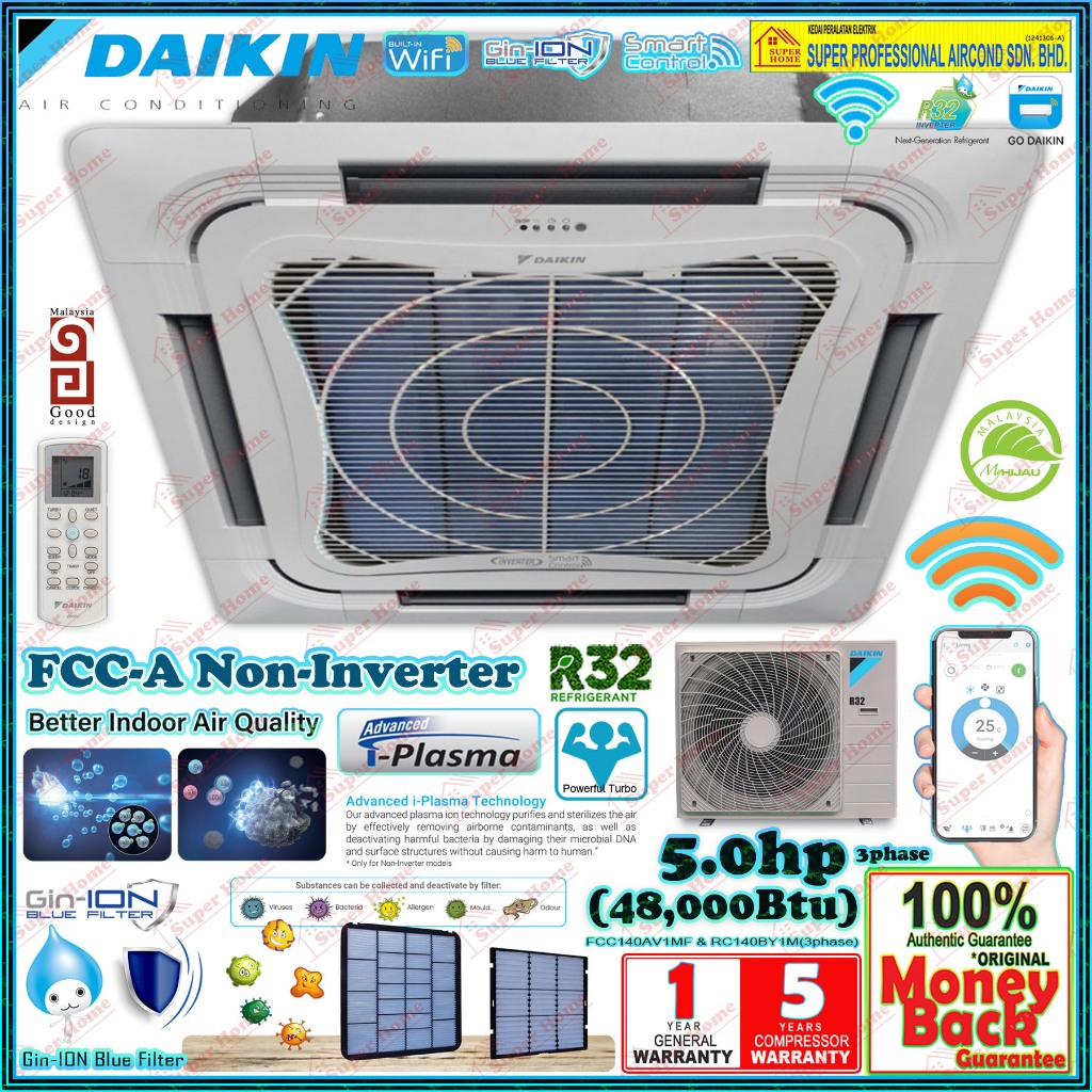 Daikin Ceiling Cassette Air conditioner FCC140AV1MF 5.0hp R32 Non Inverter ((Smart Control WiFi ...