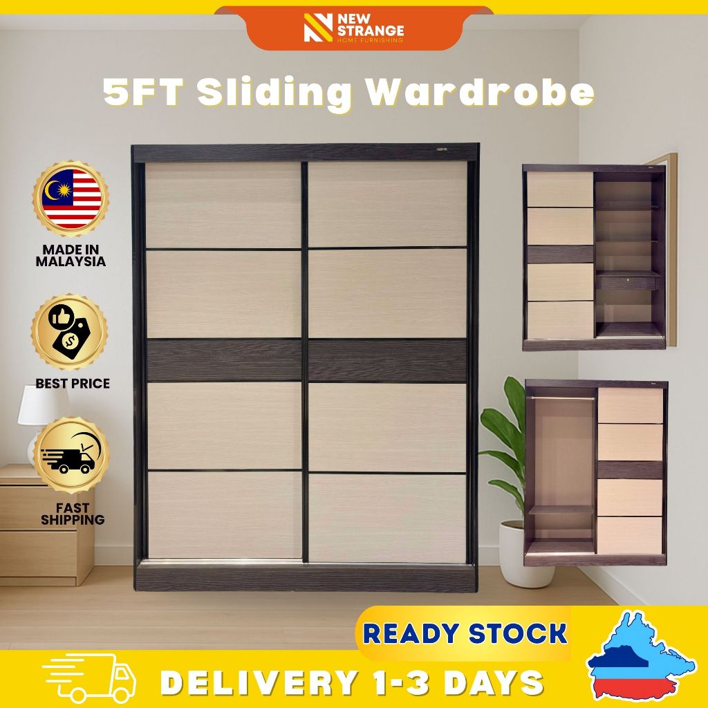 5 FT Sliding Wardrobe | Almari Sliding 5 Kaki | Shopee Malaysia