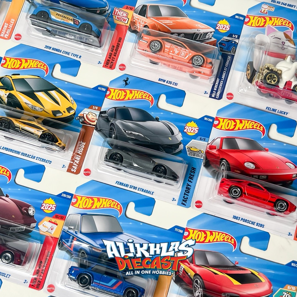 HOT WHEELS SHORT CARD CASE P 2025 ( FERRARI SF90 STRADALE, HONDA CIVIC TYPE R, FELINE LUCKY ...