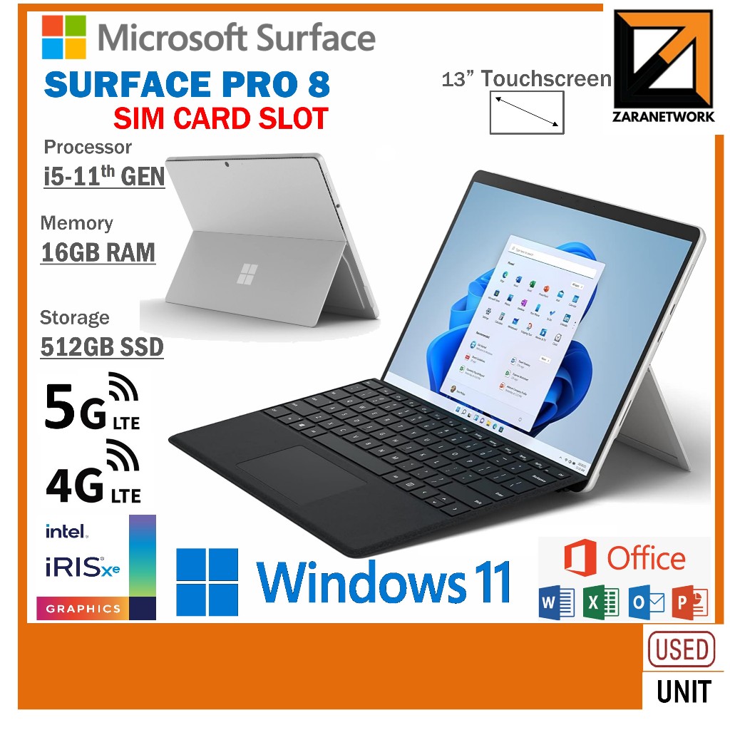 Microsoft Surface Pro 8 (1 YEAR WARRANTY T&C) Core i5-11th GEN 13"inch 16GB RAM 512GB SSD Win 11 ...