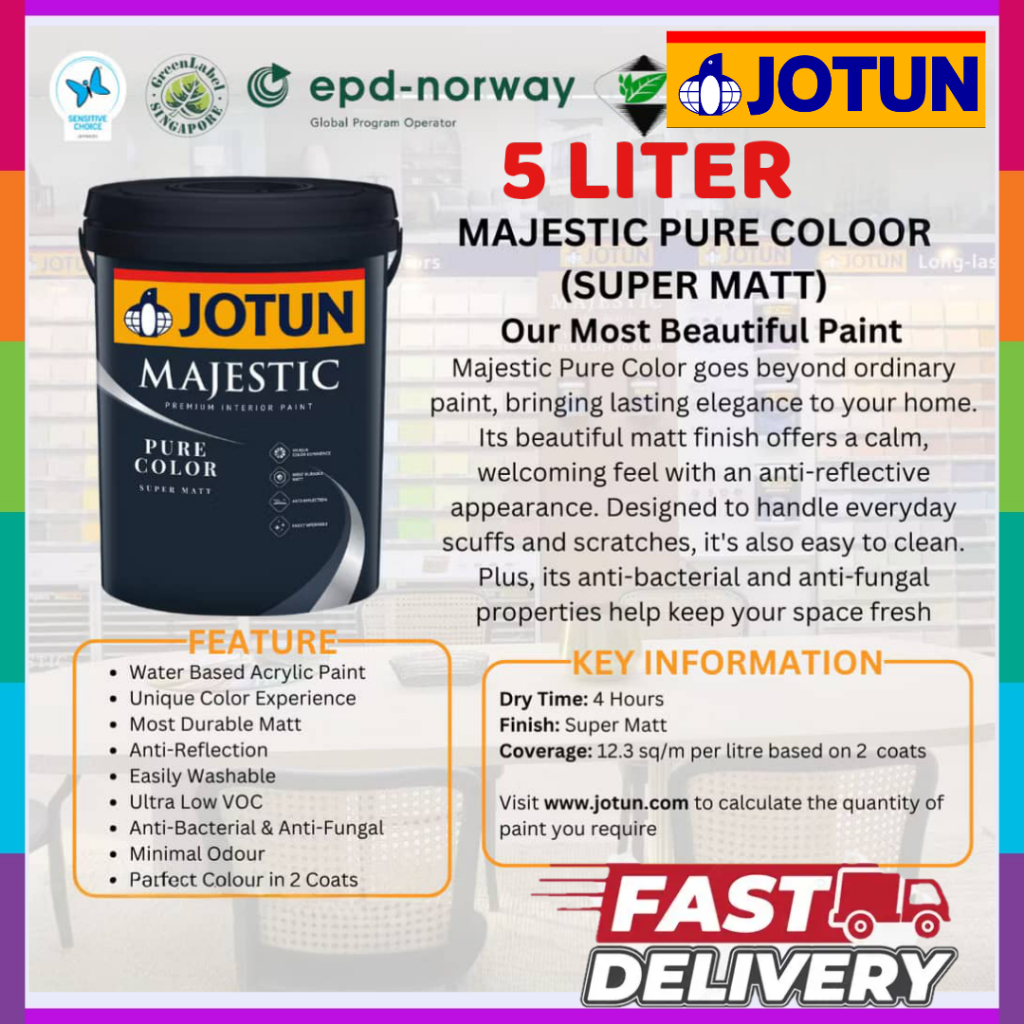 🔥FREE BAG🔥 JOTUN 5 LITER MAJESTIC PURE MATT INTERIOR WALL PAINT / CAT ...