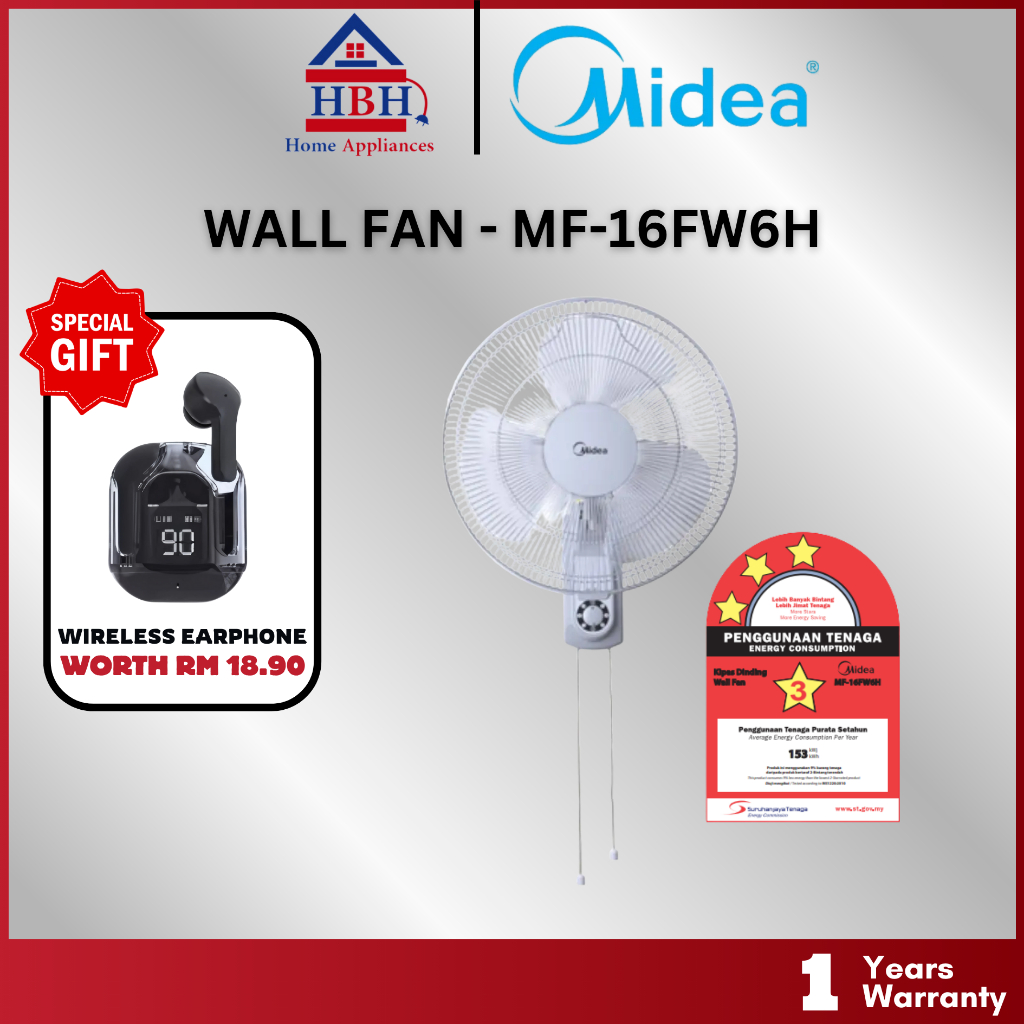 Midea Wall Fan MF-16FW6H | 16 Inch | 50W | 3 Star Energy Rating | Midea ...