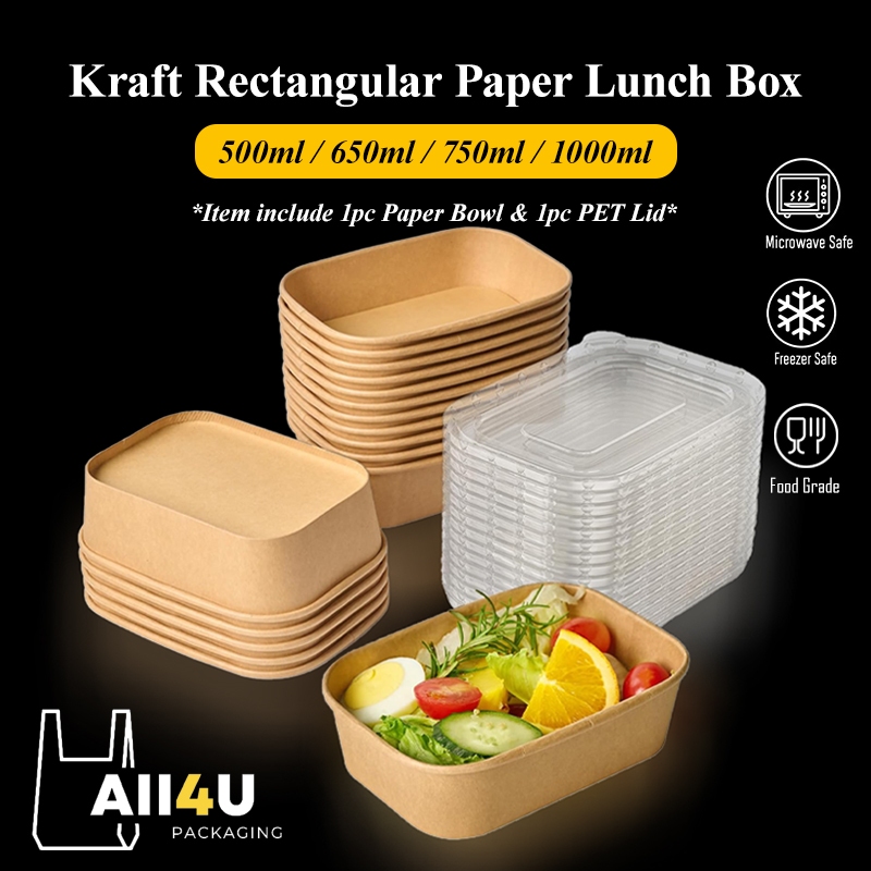 Premium Kraft Rectangular Paper Bowl with PET Lid Paper Lunch Box Paper ...