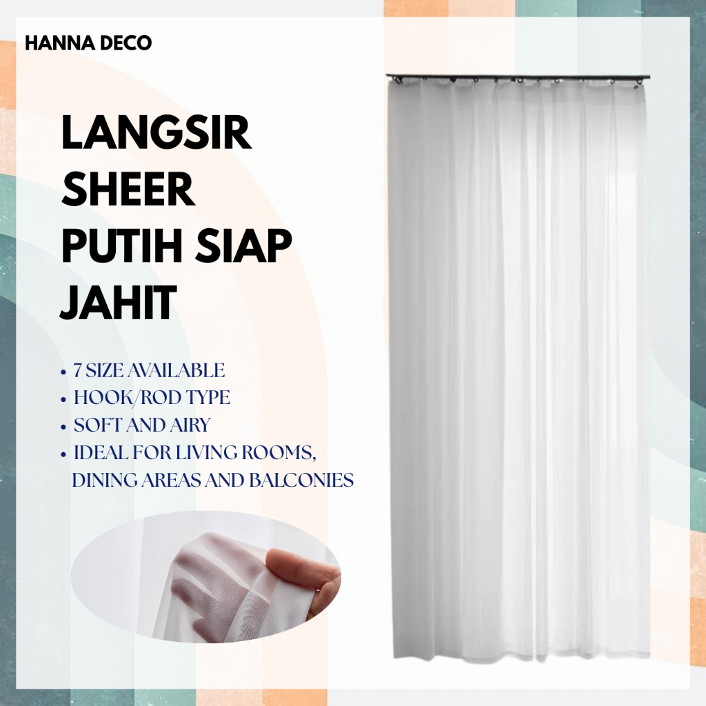 PCDecor Langsir Sheer Putih Siap Jahit Jenis Cangkuk Dawai Rod (Sheer ...