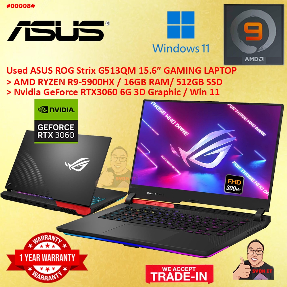 #RG008 USED ASUS ROG Gaming Laptop G513QM AMD R9 RYZEN 9-5900HX 16G 512GB SSD NVIDIA GEFORCE ...