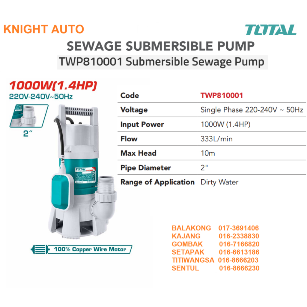 TOTAL Submersible Sewage Water Pump Dirty water 2" TWP810001 1000W (1 ...