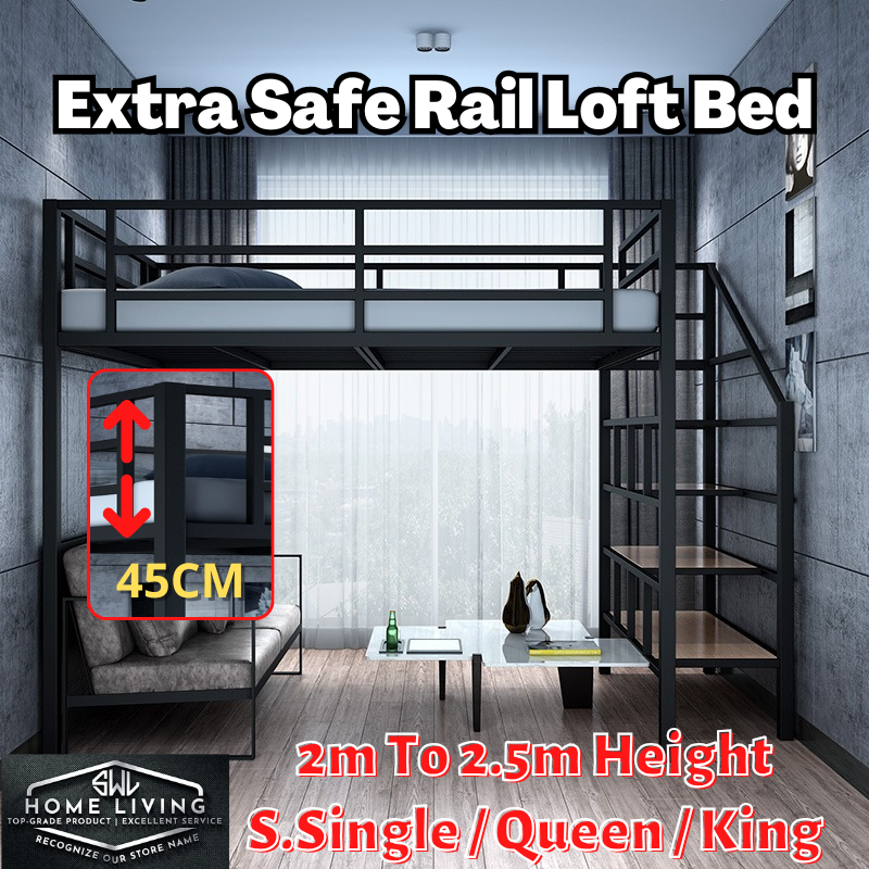45CM Tall Extra Safe Rail Metal Loft Bed Frame Strong Loft Bed Queen ...