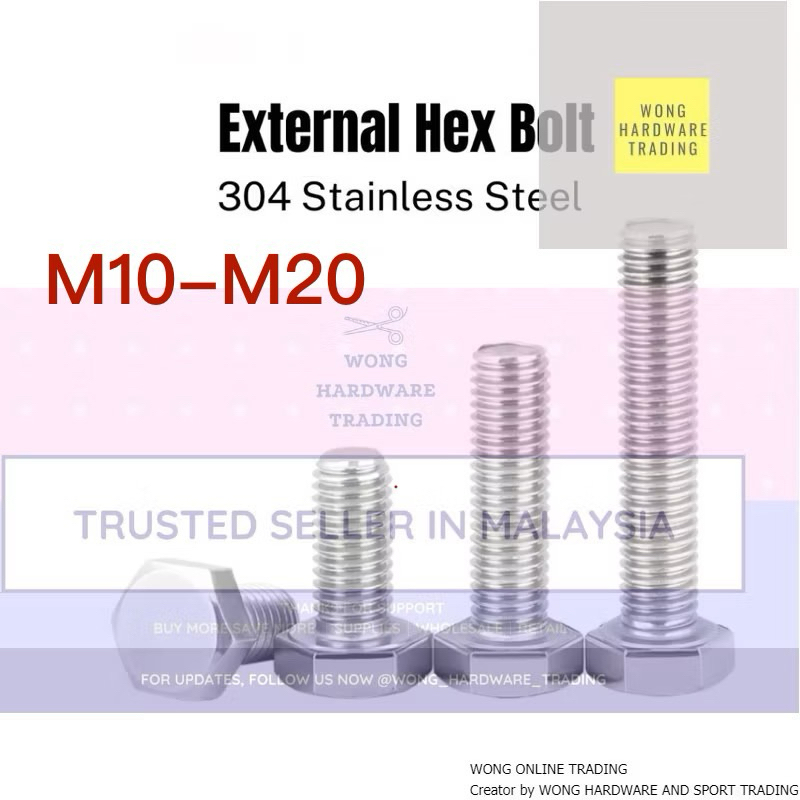 M10-M20 Hex Bolt 304 Stainless Steel DIN933 Screw Skru Spanner Hexagon Head SS 304 Anti Rust ...