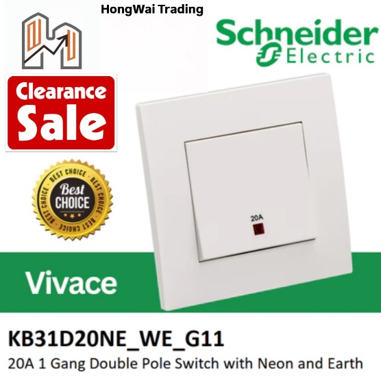 Schneider Vivace KB31D20NE 20A 250V 1 Gang Double Pole Switch with Neon ...