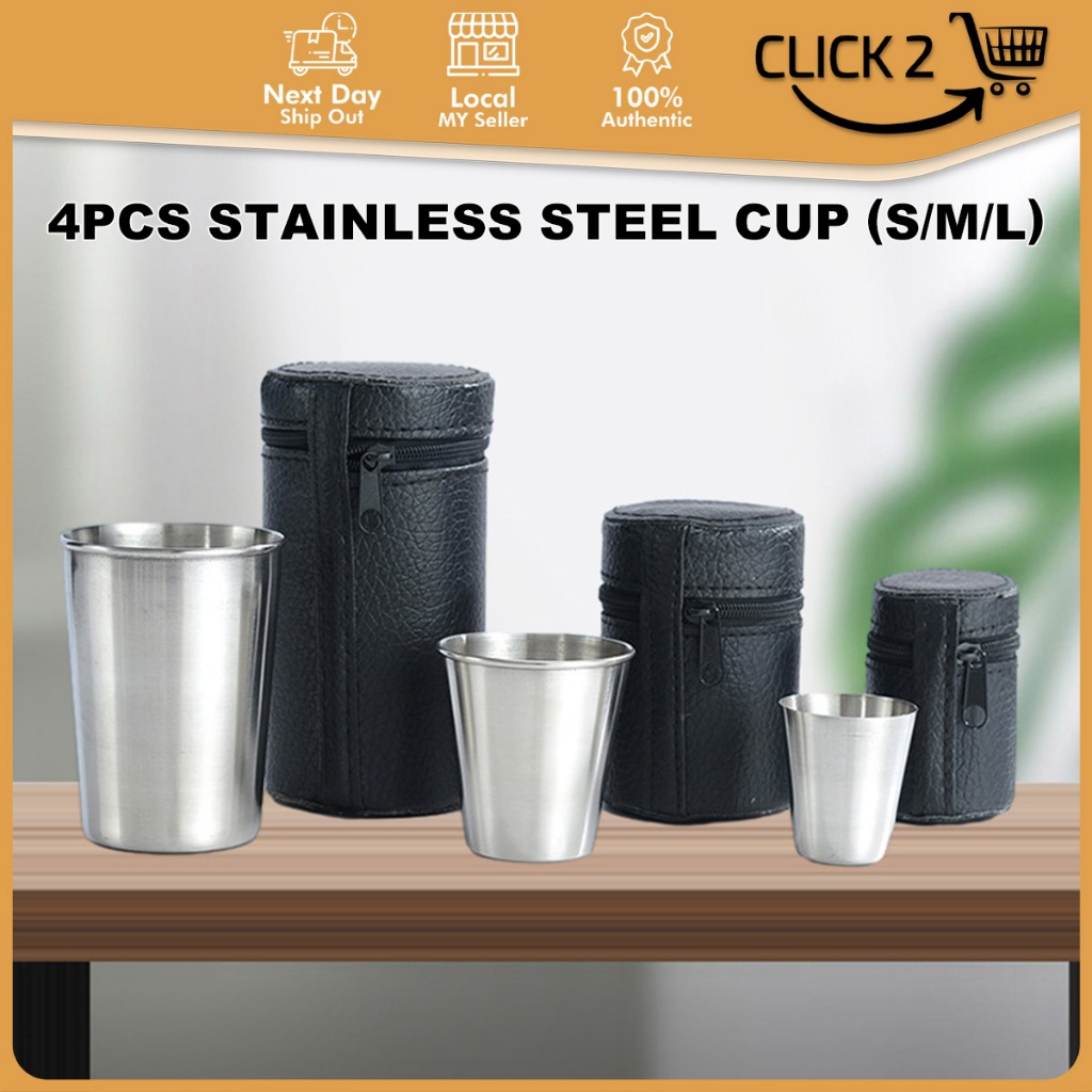 [MY] 4pcs Stainless Steel Cup / Portable Drinking Cup Travel Metal Cup ...
