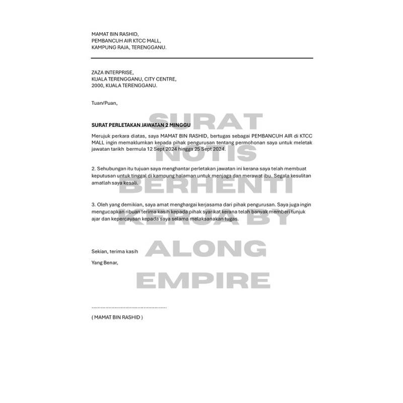 SURAT RESIGN/NOTIS BERHENTI KERJA📄 Boleh pilih bahasa Melayu/Eng ...