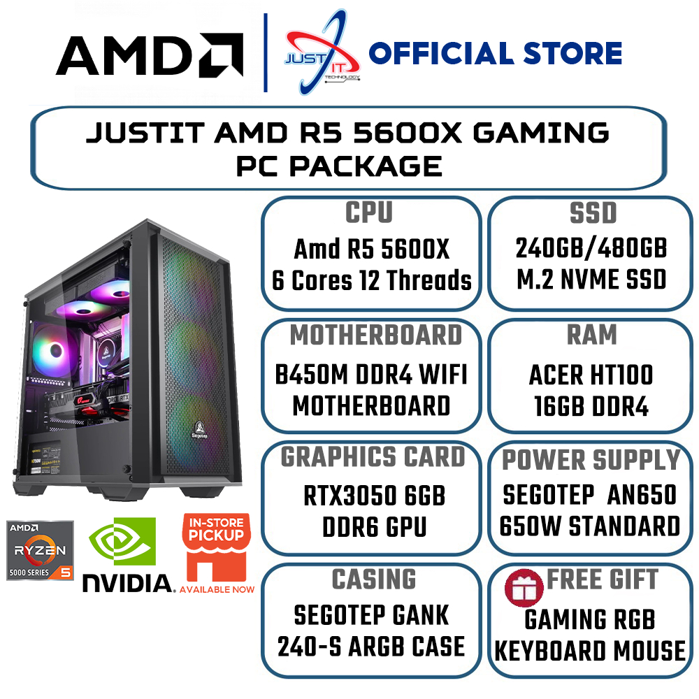 JUSTIT AMD R5 5600X GAMING PC PACKAGE ( 16GB / 240GB & 480GB / RTX3050 ...