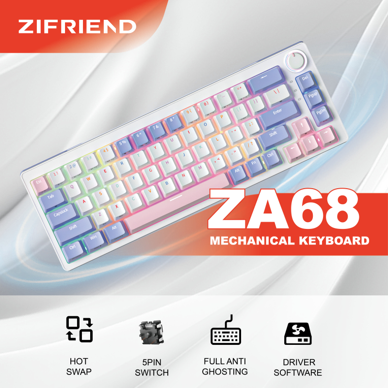 Zifriend ZA68 Wireless Mechanical keyboard 65% RGB Light Hotswap Knob ...