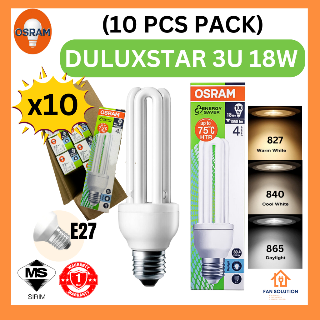 [10 PCS PACK] OSRAM DULUXSTAR 3U 18W E27 LIGHT BULB(WARM WHITE 827/COOL WHITE 840/DAYLIGHT 865 ...