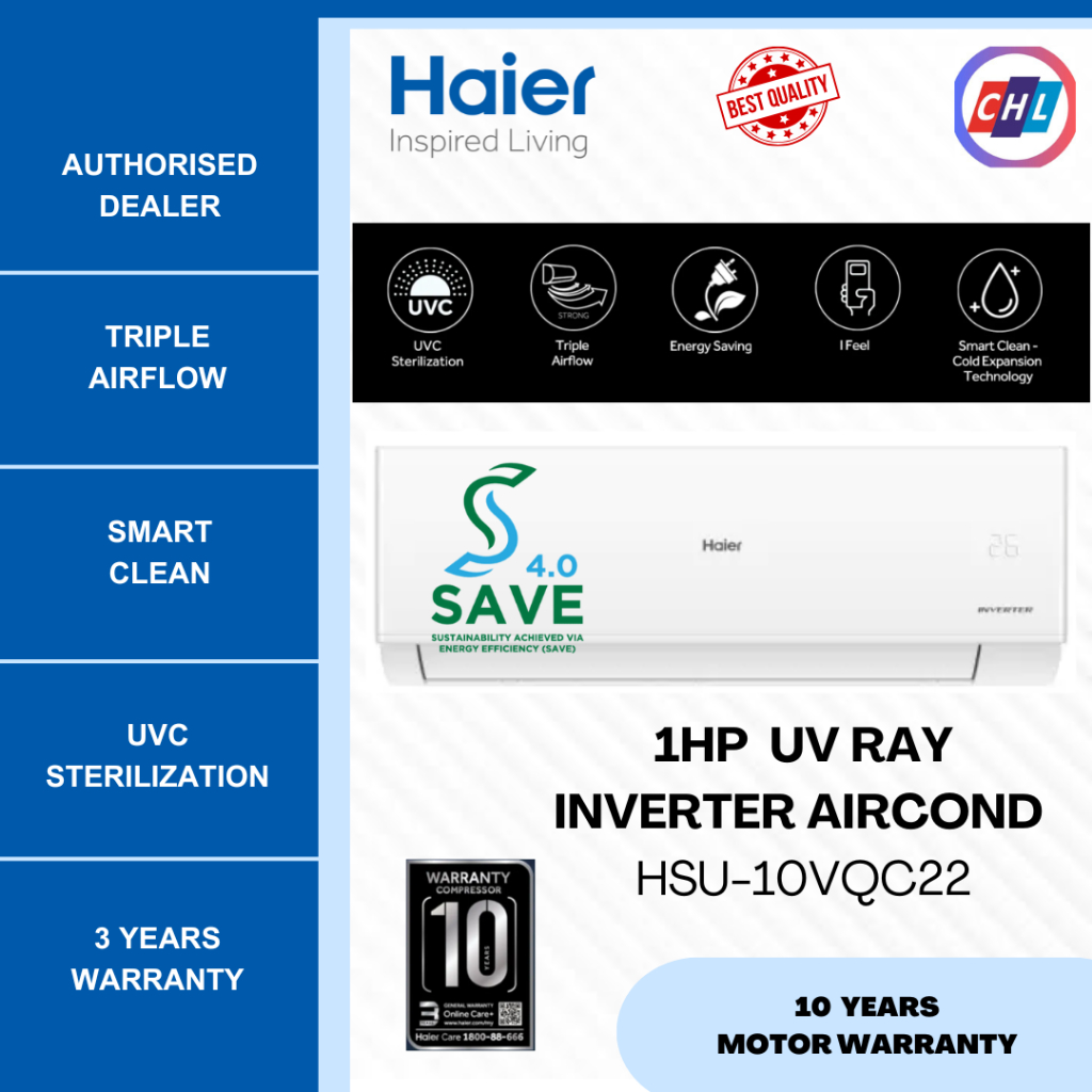 HAIER (AUTHORISED DEALER) 1HP 4 STAR INVERTER AIR COND HSU-10VQC22 ...