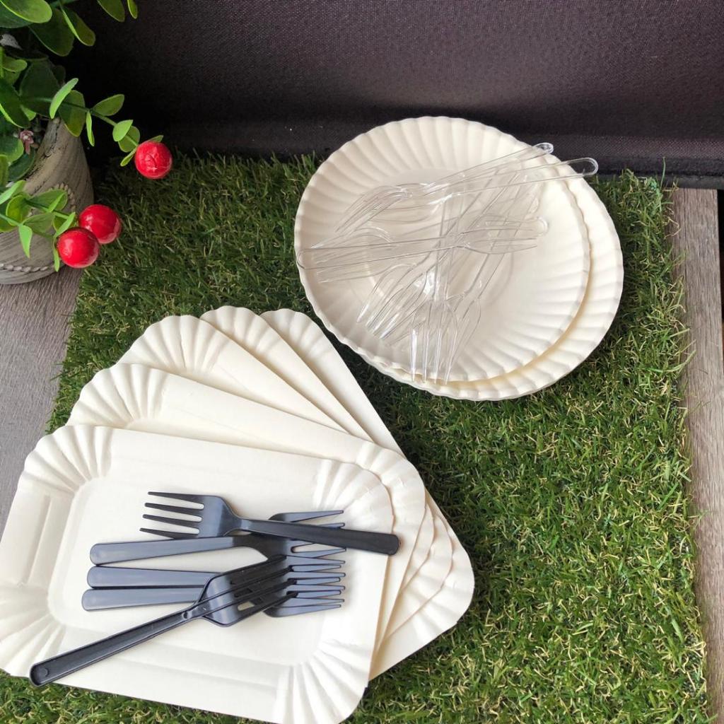 ROUND PAPER PLATE SET WITH FORK (10 PCS) / Rectangular Paper Plate set ...