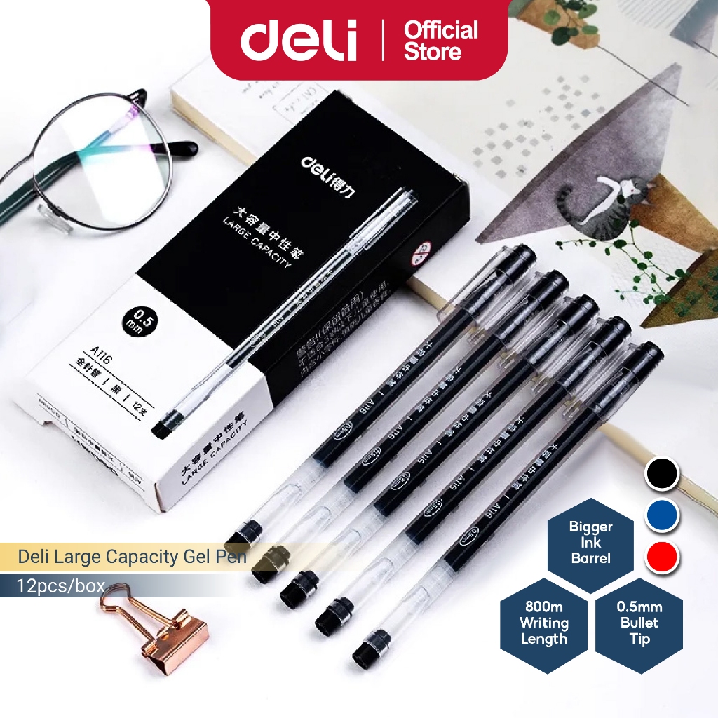 Deli 12pcs Gel Pen 0.5mm Large Capacity Student Office Stationary Pen ...