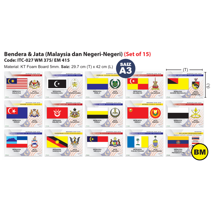 BENDERA & JATA (MALAYSIA DAN NEGERI-NEGERI) SET OF 15 A3 CARTA POSTER ...