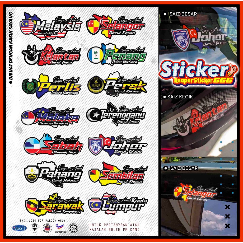 STICKER MALAYSIA DAN NEGERI / SELANGOR / KELANTAN/ PAHANG / PERAK DAN ...