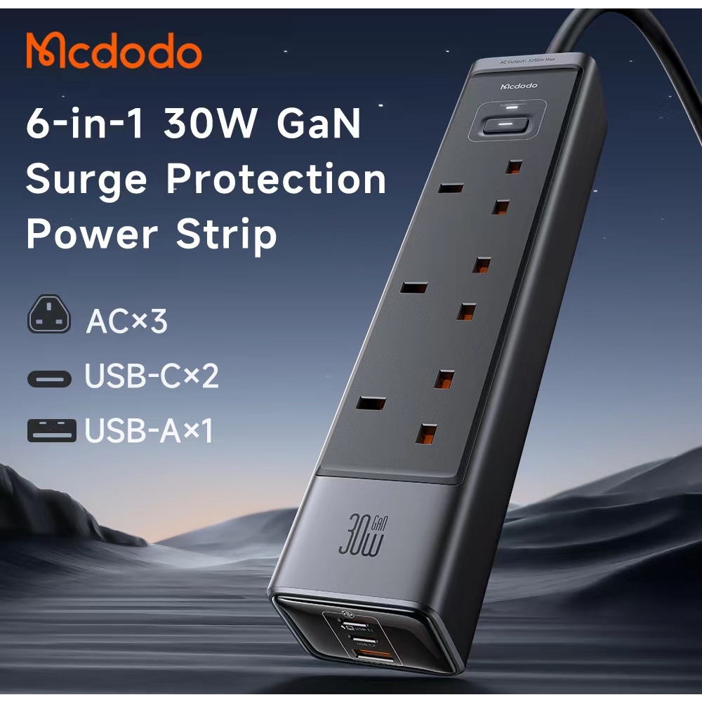 MCDODO CH-060 6 in 1 30W GaN Surge Protection Power Strip / 2 PD + 1 QC + 3 Socket / Super Fast ...