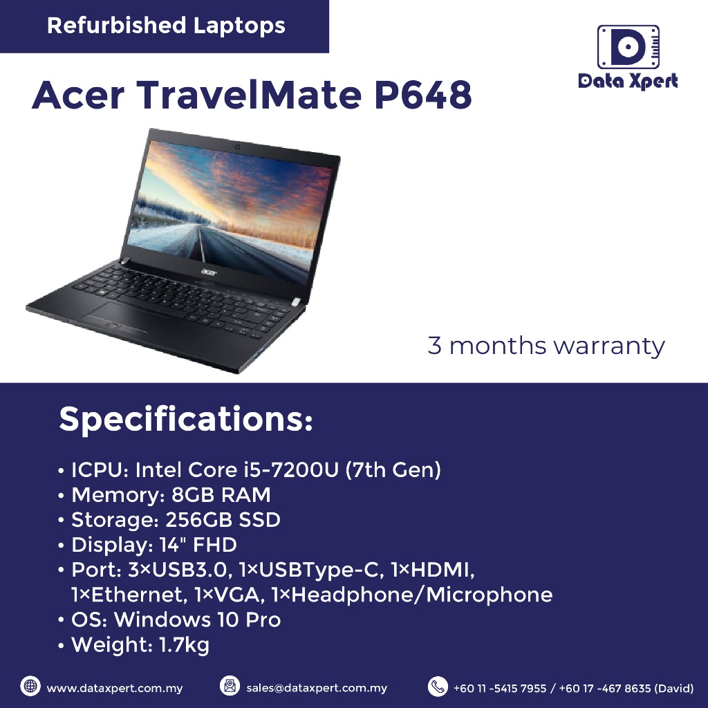 Refurbished Acer TravelMate-P648 i5 7th Gen / 8GB RAM / 256GB SSD / Windows 10 Pro(Original ...