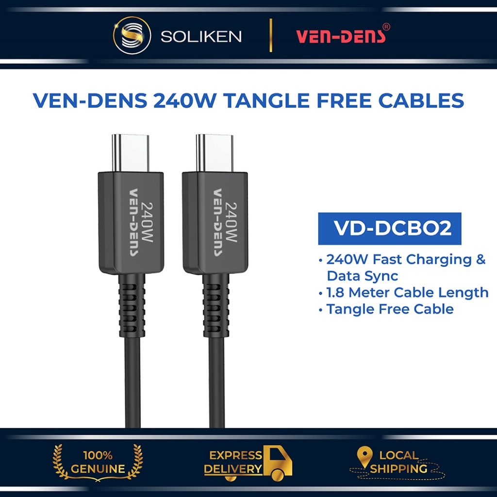 VEN-DENS VD-DCB02 Tangle Free Cable Fast Charing & Data Sync 240W TYPE ...
