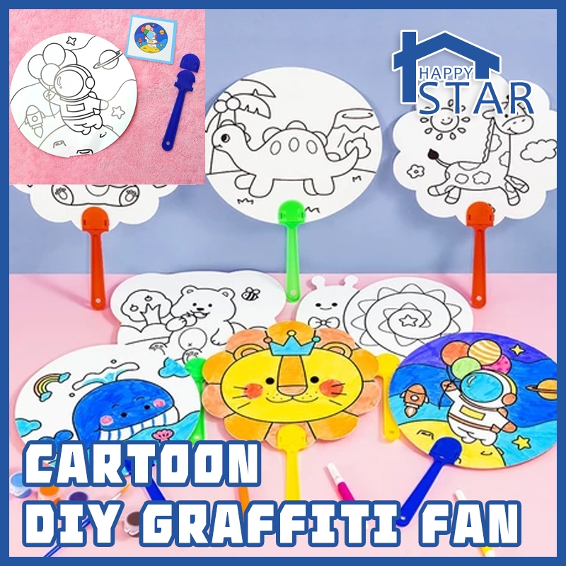 （Hot）DIY Kids Craft Cartoon Colouring Hand Fan Kindergarten Gift Kipas ...