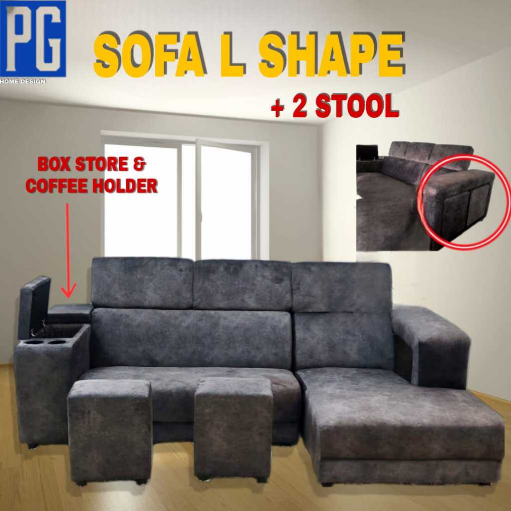 PG HOME:-Sofa L Shape Modern Design/With 2 stools/Material Fabric ...