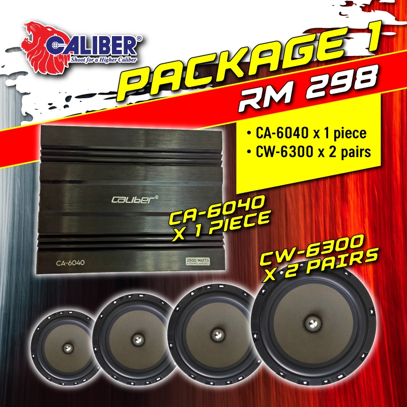 Caliber PACKAGE 1 - CA-6040 (4-Channel Amp) + CW-6300 (6.5" Bass Mid ...