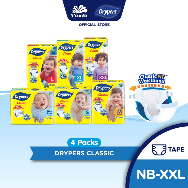 Drypers Classic Baby Diapers NB78/ S70/ M54/ L50/ XL44/ XXL40 (4 Packs ...