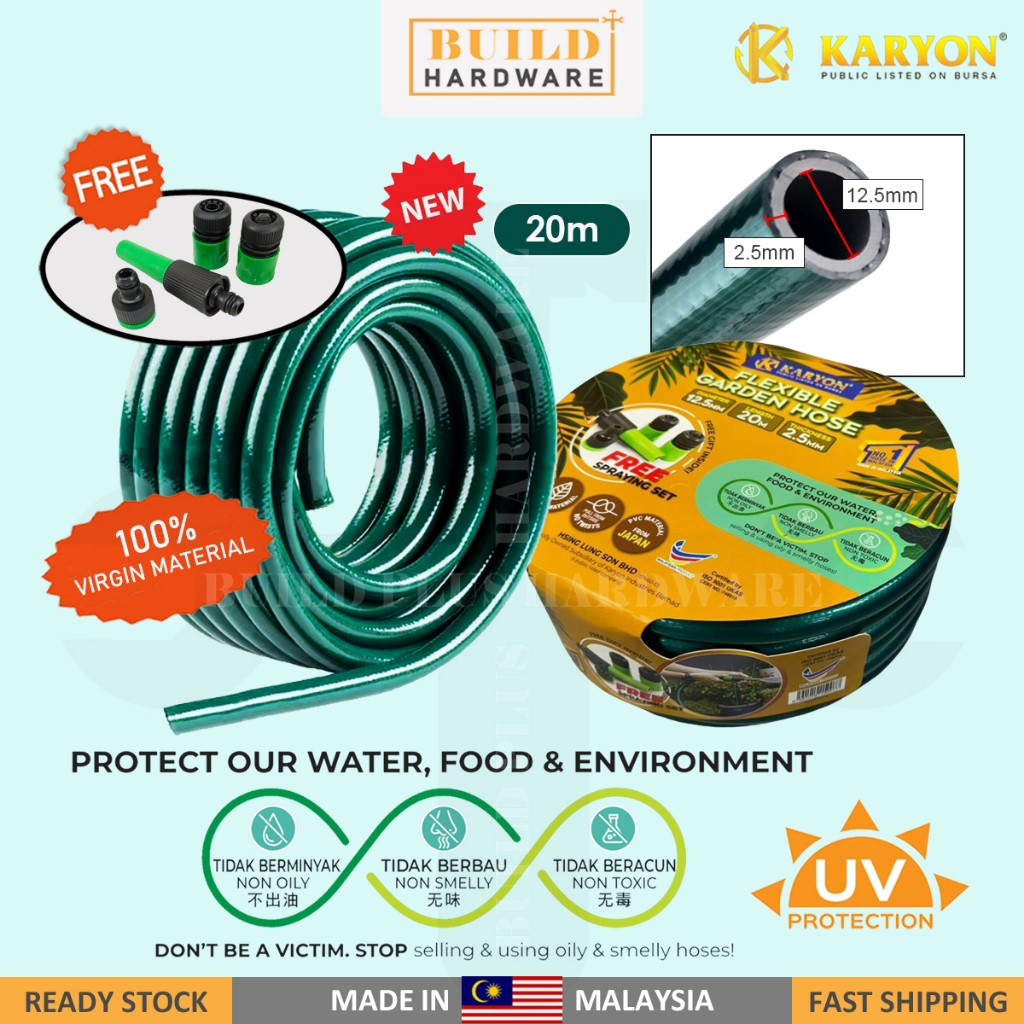 KARYON 20M x 2.5mm 12.5mm Flexible Garden Hose Metallic Green Getah ...