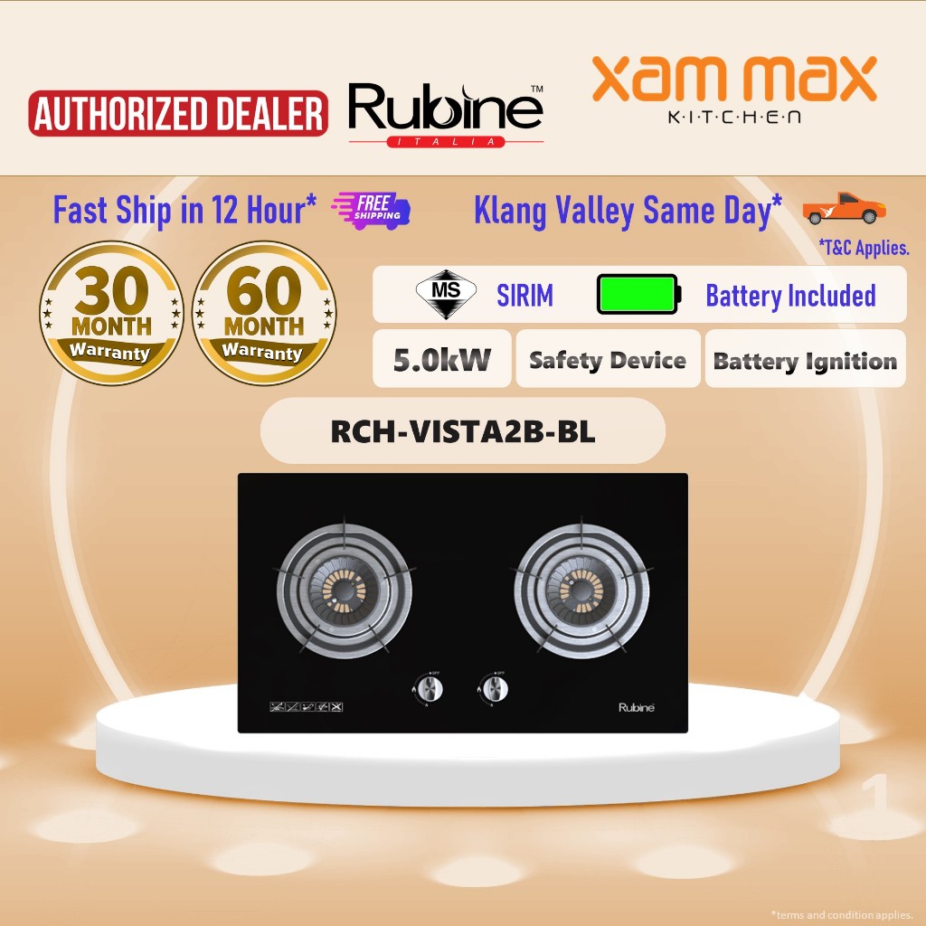 (FAST SHIP) XAMMAX Rubine RGH-VISTA2B-BL Built-In Gas Hob 2 Burner 5 ...