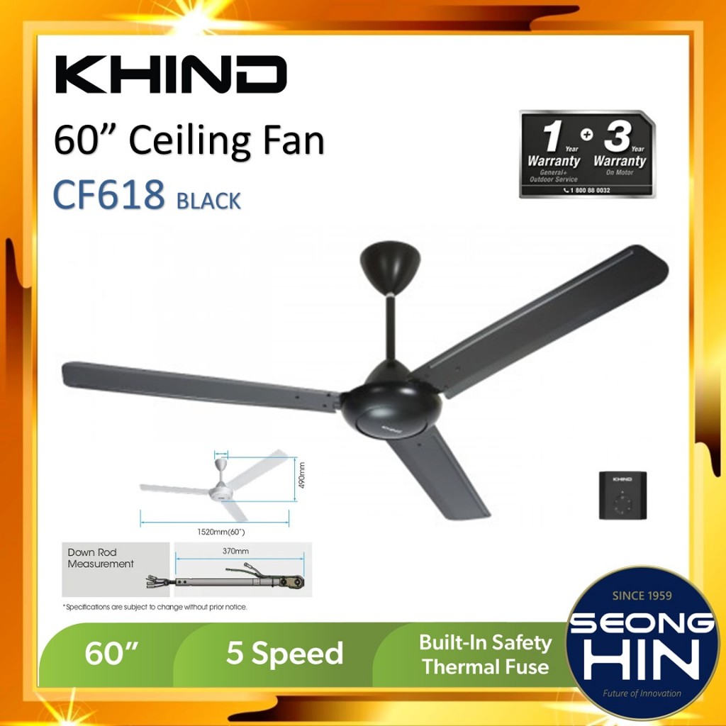 KHIND CF618 Black Ceiling Fan 3 blade / Kipas Siling murah Kipas ...