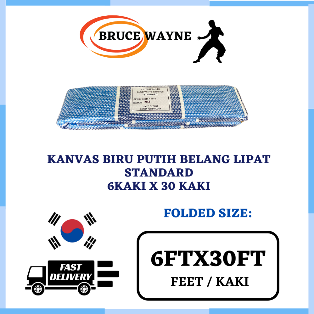 1.83m/6ft x 30ft Folded Blue & White Canvas Tarpaulin (Korea Technology ...