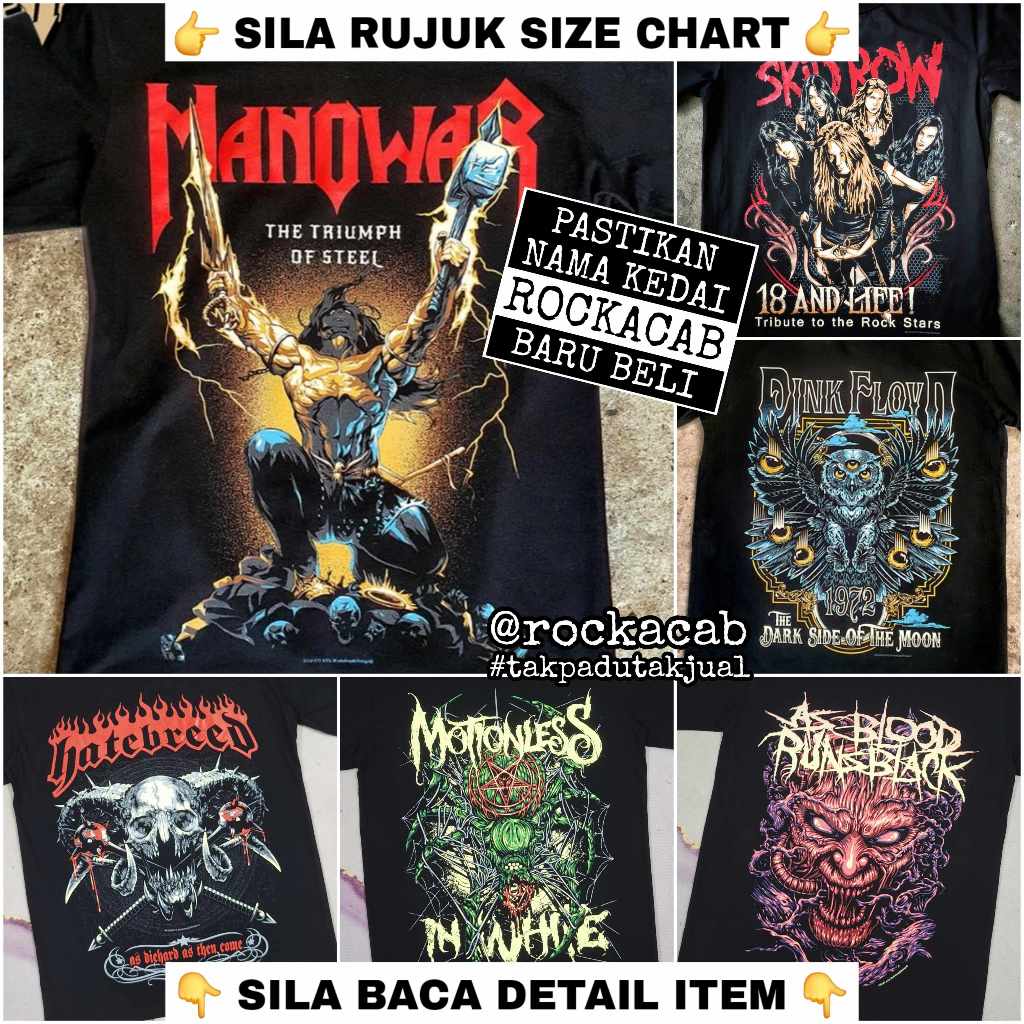 (Pit 17-25) Baju Skid Row Pink Floyd Manowar Hatebreed MIW ABRB Band ...
