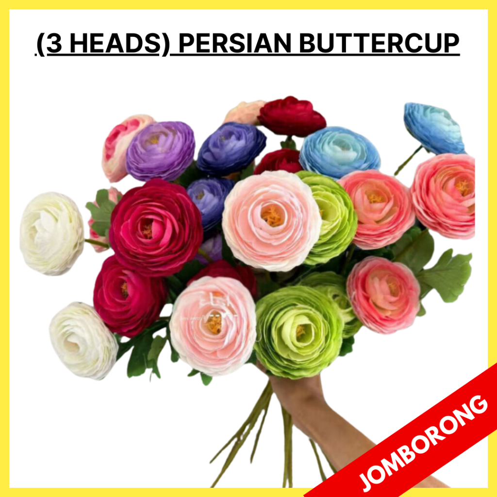 (3 HEADS) PERSIAN BUTTERCUP ARTIFICIAL FAKE FLOWER Bouquet Living Home ...