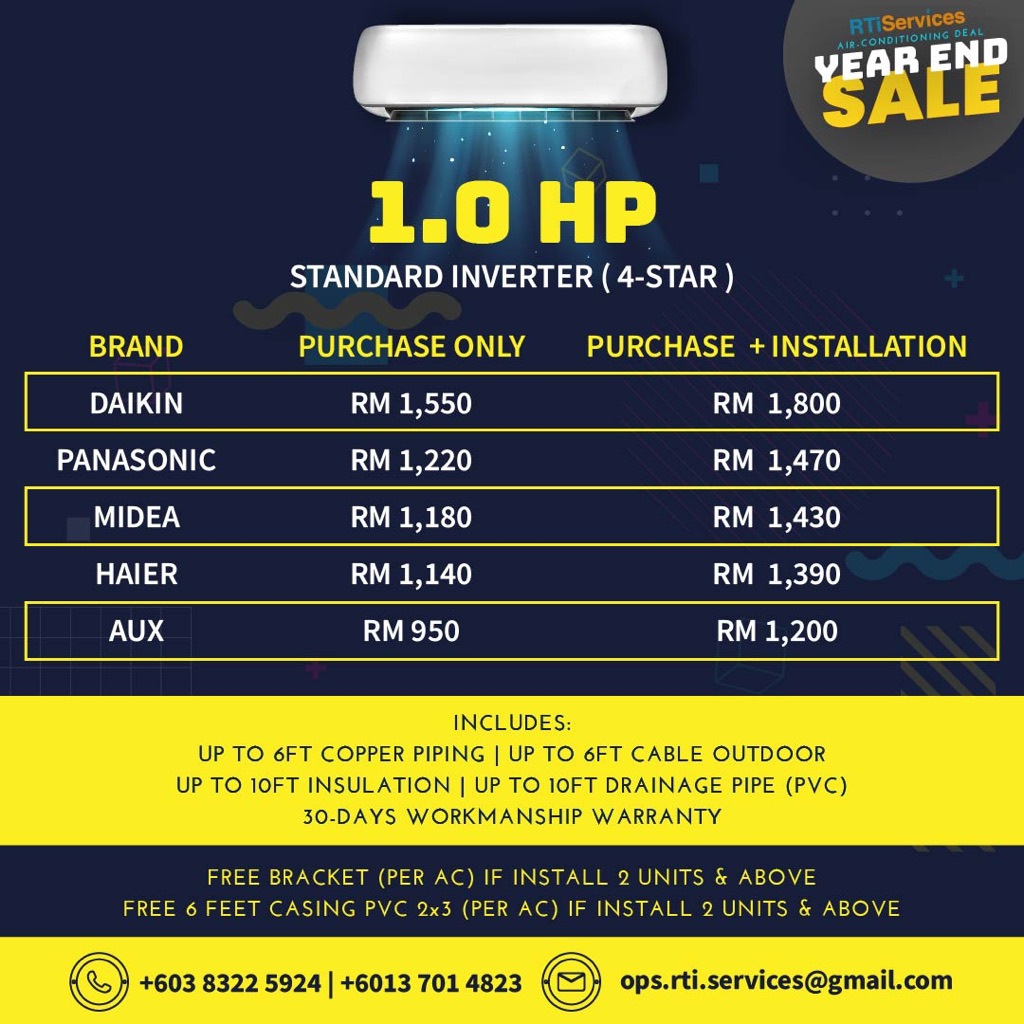 Aircond Standard Inverter Daikin Panasonic Midea Haier AUX 1.0 HP/1.5 ...