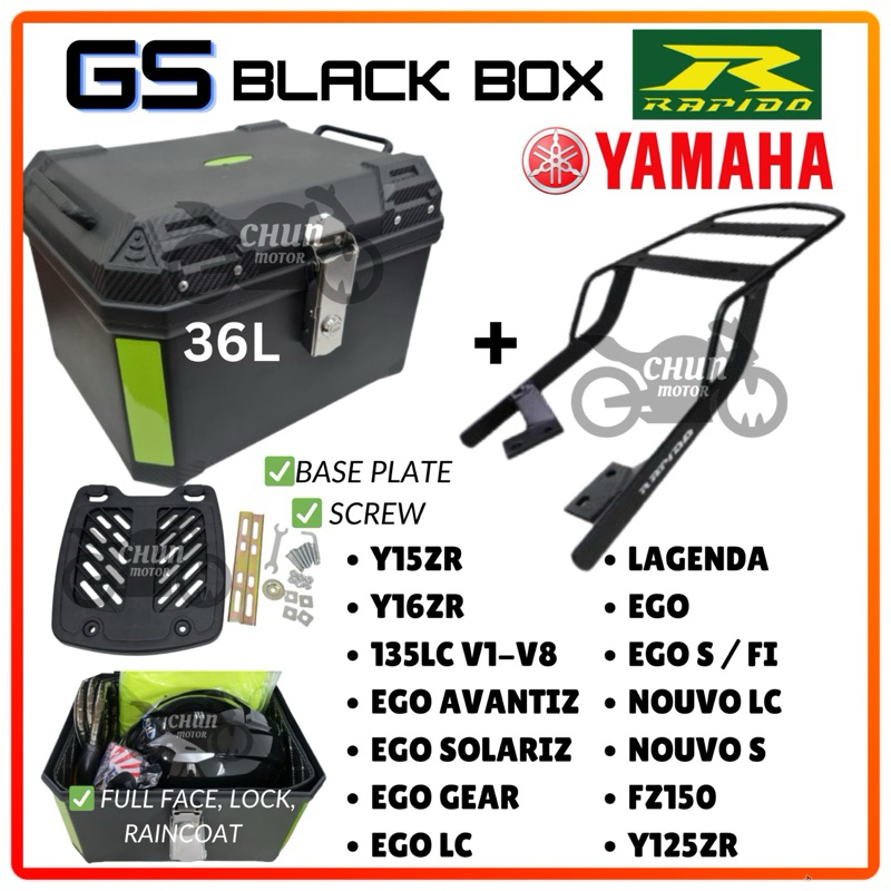 YAMAHA GS BLACK BOX 36L + MONORACK 1SET MOTORCYCLE Yamaha Y15 Y16 135LC ...