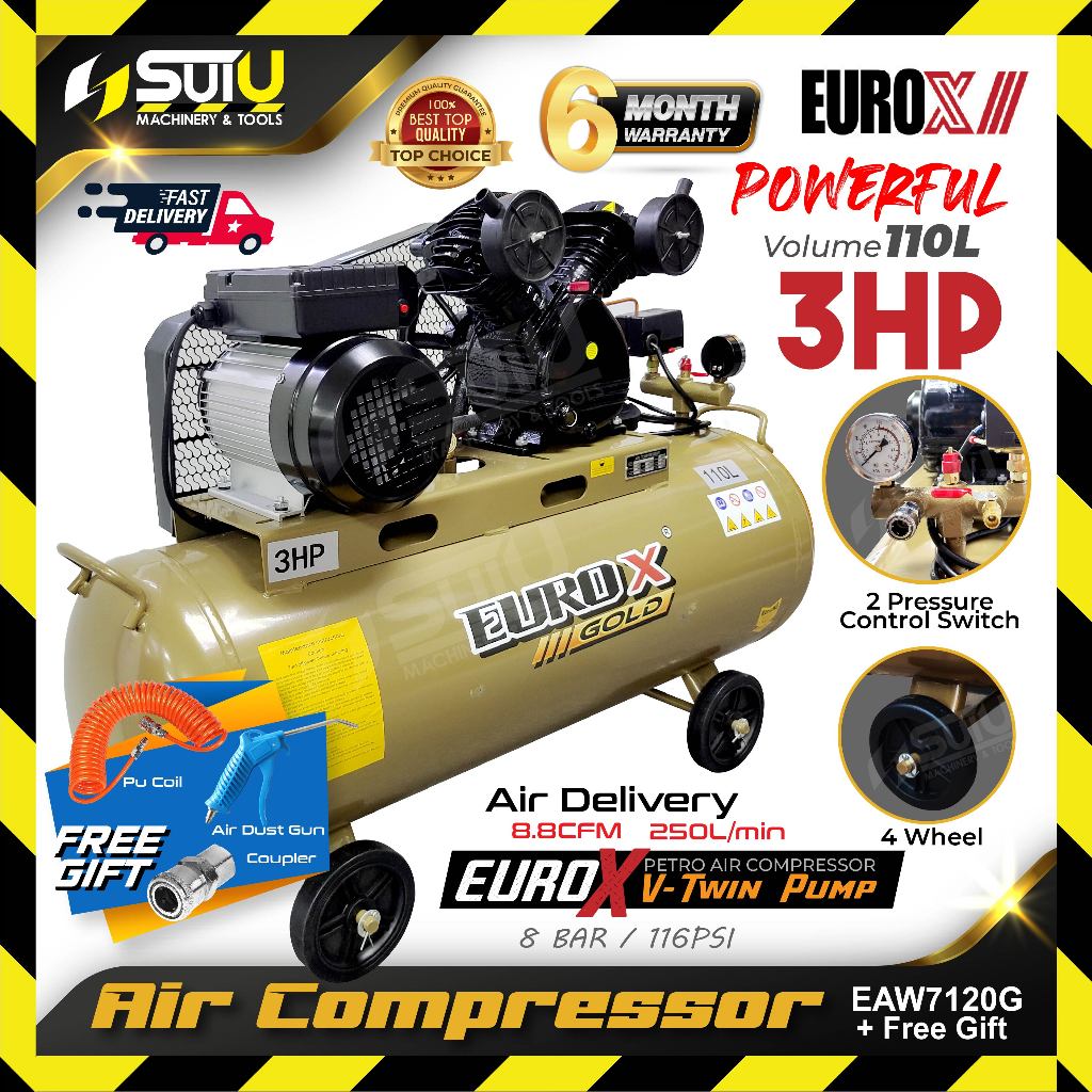 EUROX EAW7120G / EAW-7120G 110L 3HP Single Phase Belt Driven Air Compressor | Shopee Malaysia