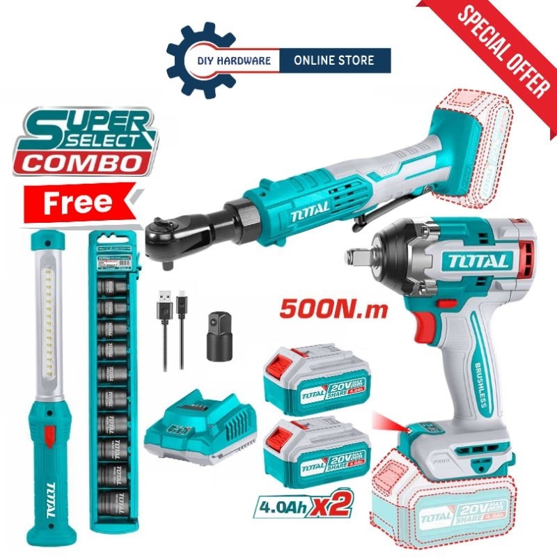 TOTAL Li-ion Cordless Ratchet Driver TDRLI2060151 + Impact Wrench 500Nm ...