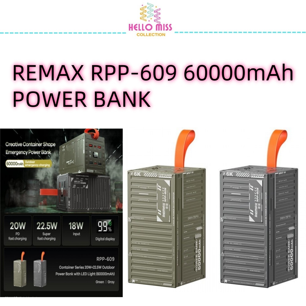 REMAX RPP-609 60000mAh CONTAINER SERIES PD20W + QC22.5W POWER BANK WITH LED LIGHT | Shopee Malaysia