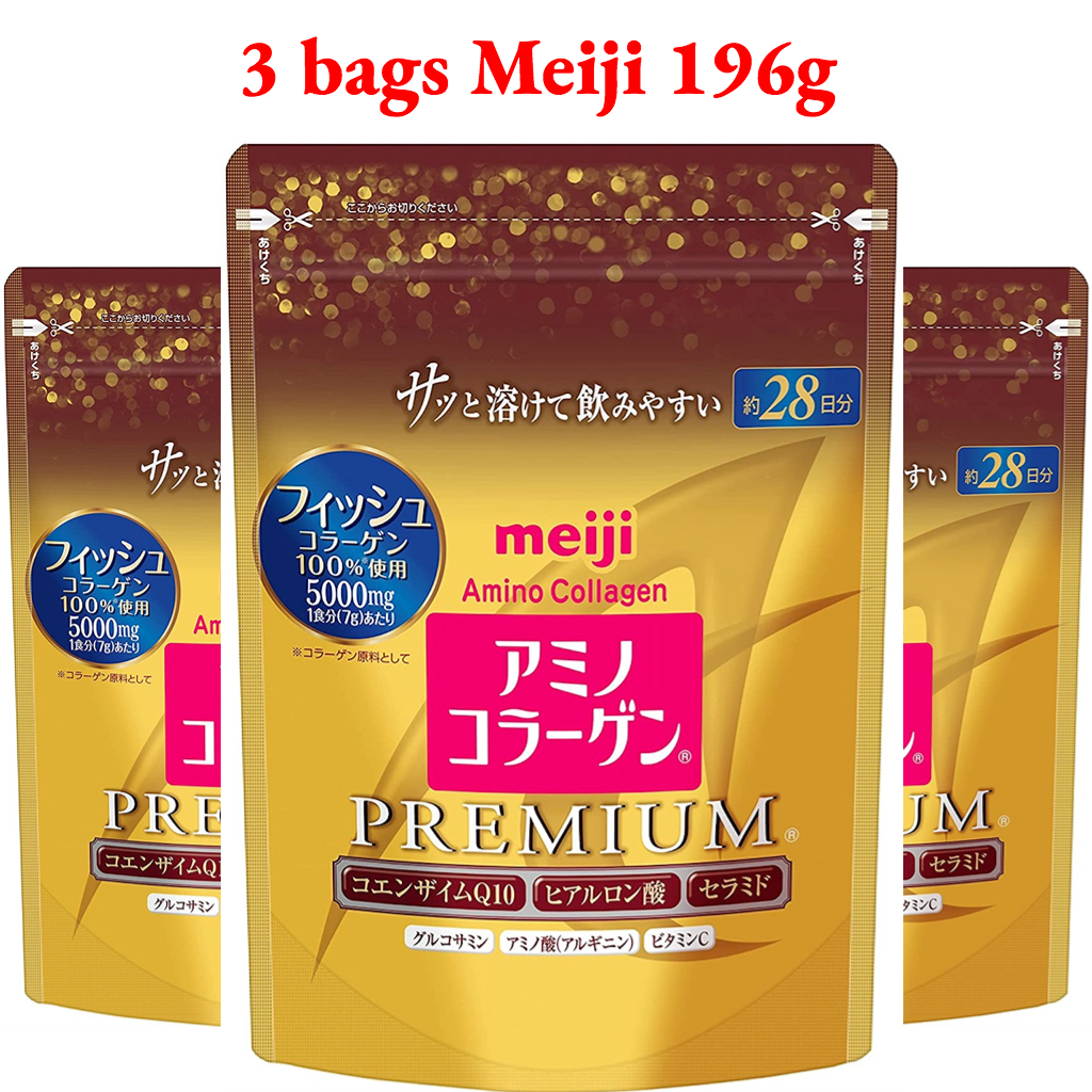 3 Bags Meiji Amino Collagen Powder Beauty Food Refill 5000mg/28Days/196g (Enhanced) EXP:2026/07 ...