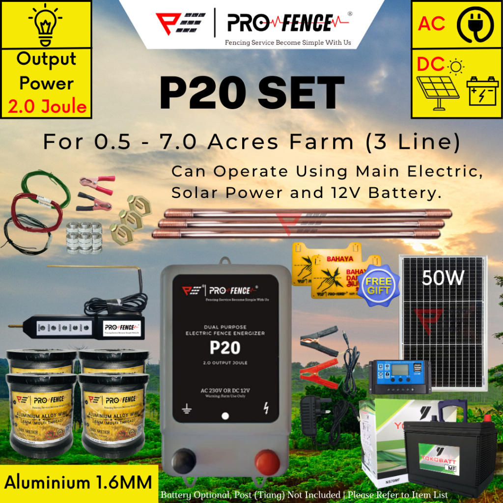 PRO FENCE P20 Energizer 1.6MM Set for 0.5 - 7.0 Acres Aluminium Wire ...