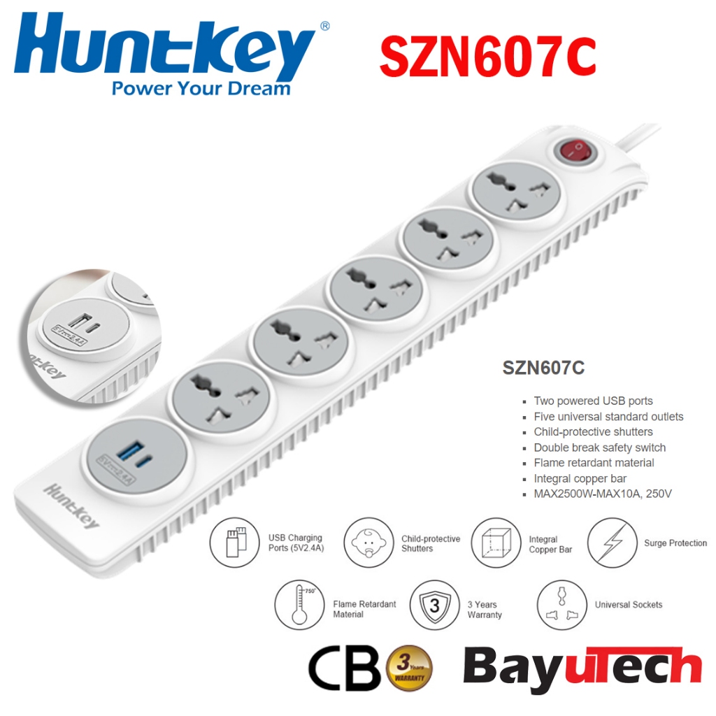 HuntKey SZN 507 SZN 607c SLZ 407 4 5 Gang Universal Outlet w 2 x USB Power Strip & Extension ...