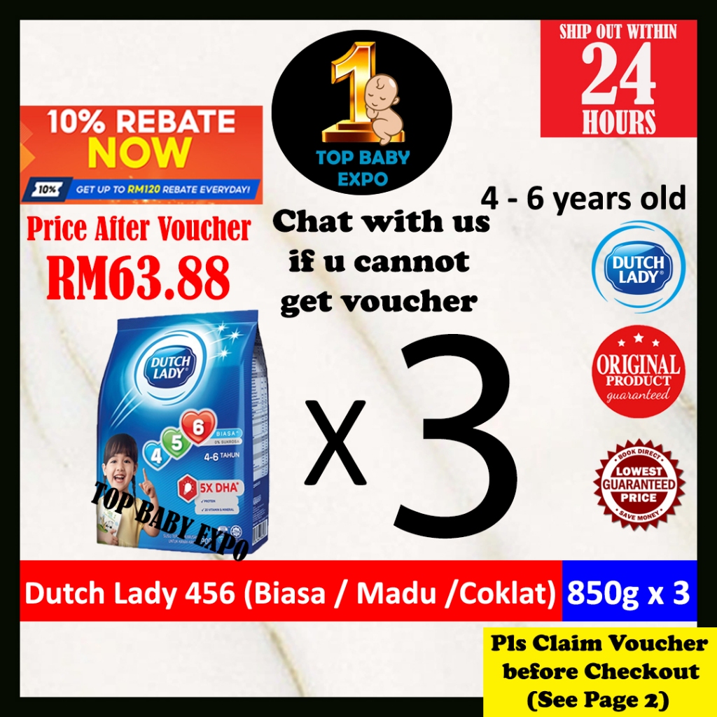 Dutch Lady 456 (Biasa / Madu / Coklat) (850g X 3) Exp: 10/2026 (Plain ...